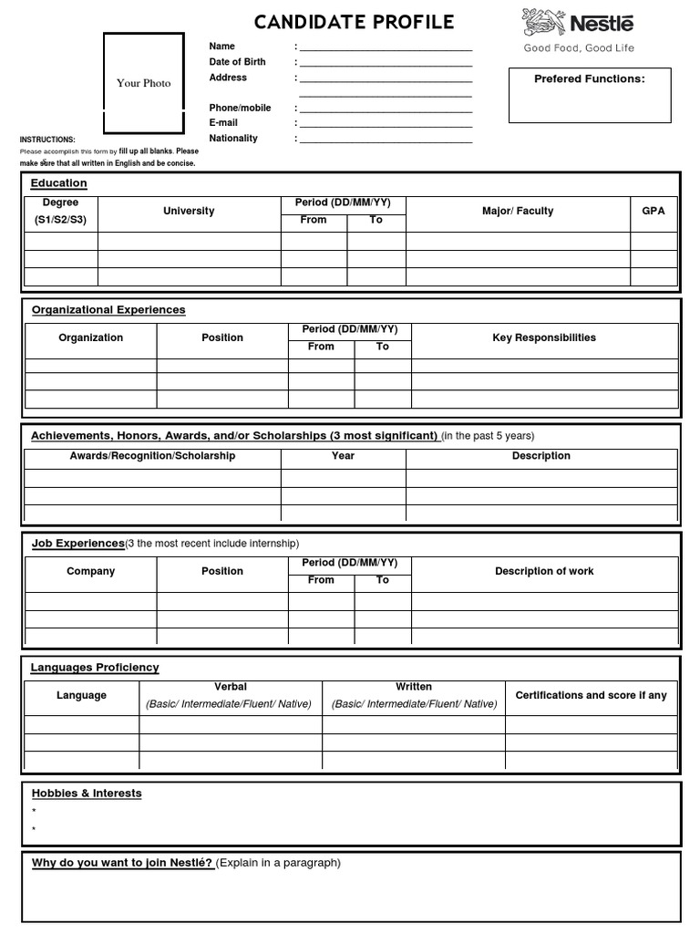 Nestle Candidate Profile Form | PDF