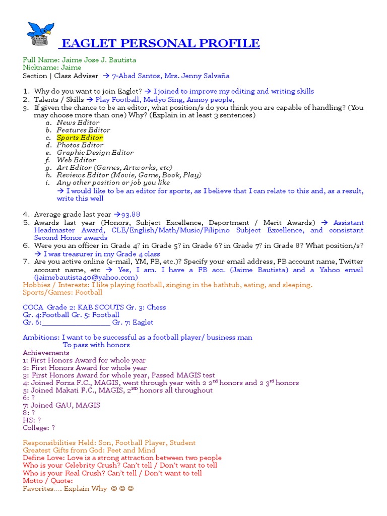 Eaglet Personal Profile: Full Name: Jaime Jose J. Bautista Nickname ...