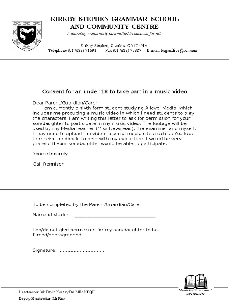 Consent For An Under 18 To Take Part in A Music Video | PDF