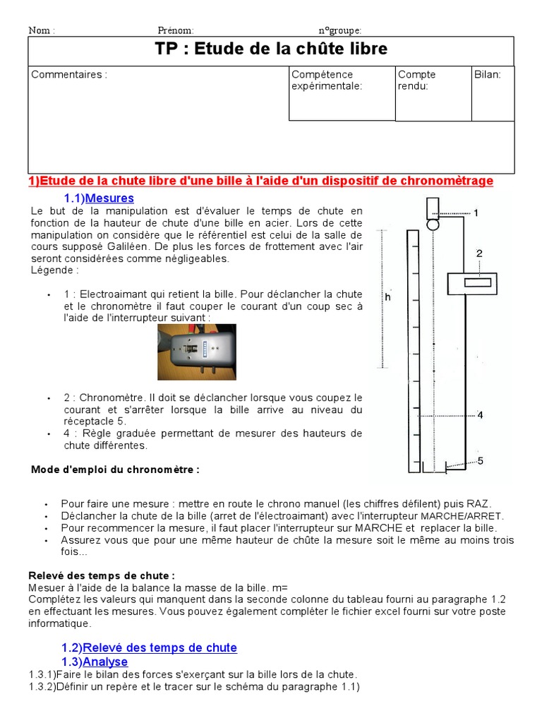 1S TP Physique Chute Libre Conservation EM W Poids Eleve | PDF | Masse | Grandeur physique
