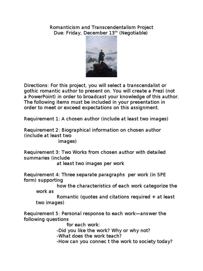 Romanticism and Transcendentalism Project | PDF