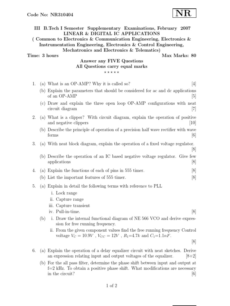 Linear & Digital IC Applications Exam Guide | PDF | Operational ...