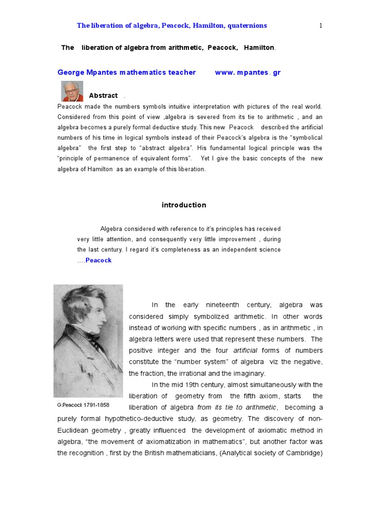 The Liberation of Algebra From Arithmetic, Peacock, Hamilton ...