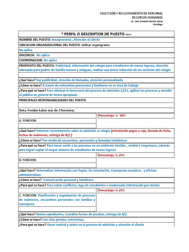 Perfil o Descriptor de Puesto Rrhh 2 | Gestión de recursos humanos | Titulo academico