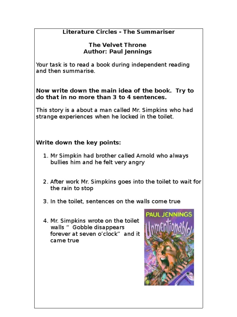 Literature Circles - The Summariser The Velvet Throne Author: Paul ...