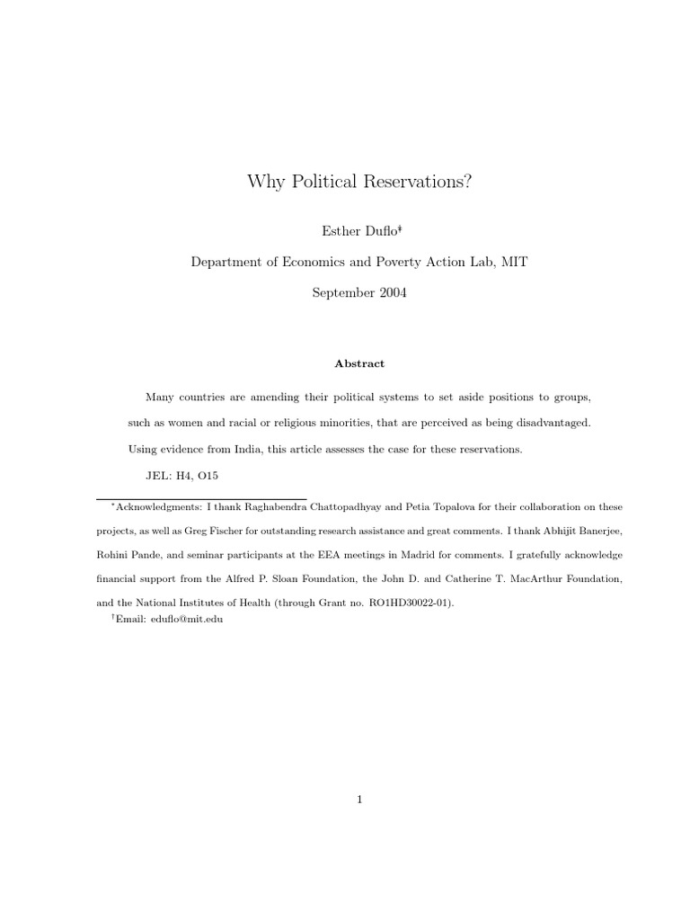 Why Political Reservations?: Esther Duflo Department of Economics and ...