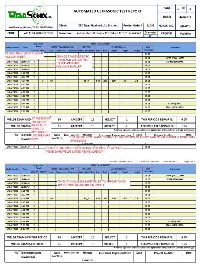 Automated Ultrasonic Test Report: Weldsonix Inc, Houston, TX PH: 713 ...