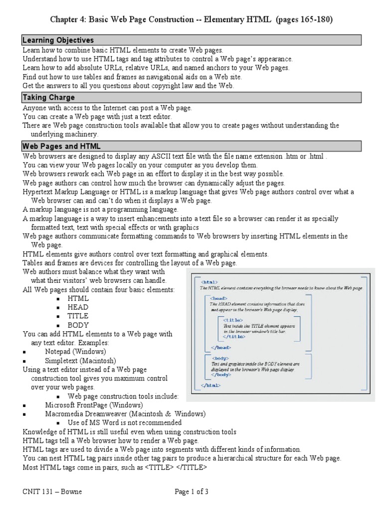 Chapter 4: Basic Web Page Construction - Elementary HTML (Pages 165-180 ...