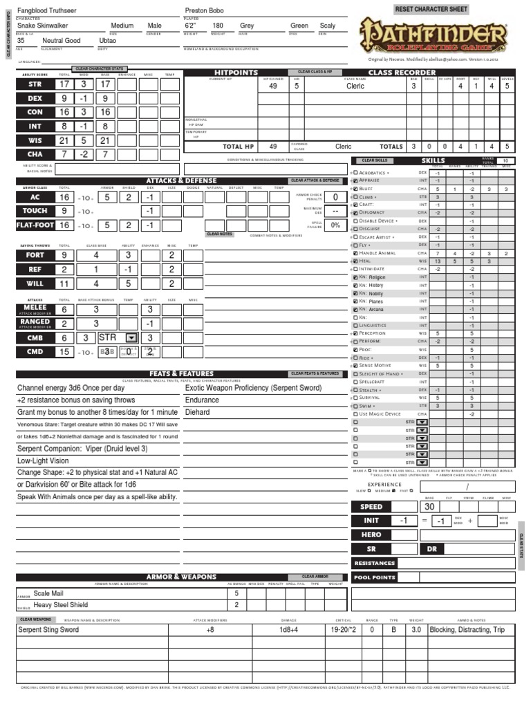 Pathfinder Skinwalker Character Sheet | PDF | D20 System | Fantasy Role ...