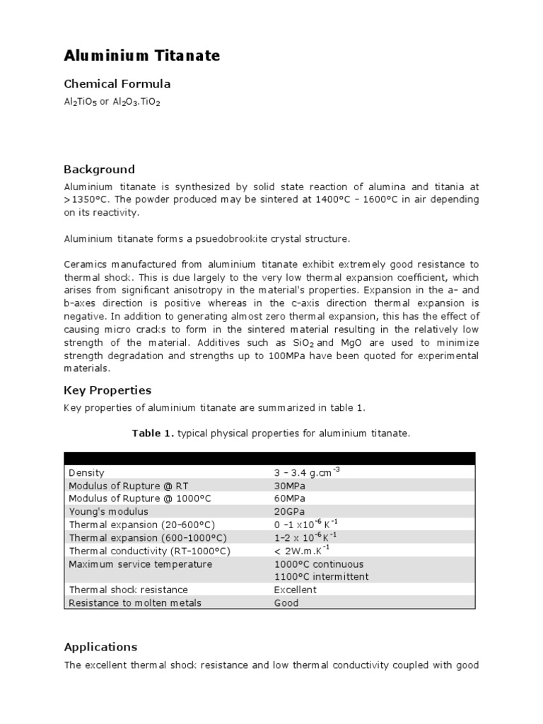 Aluminium Titanate: Chemical Formula | PDF | Zirconium Dioxide | Ceramics