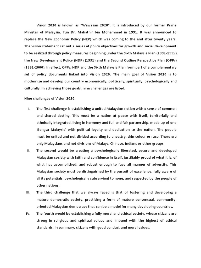 Malaysia's Vision 2020: Goals & Challenges | PDF | Malaysia | Society