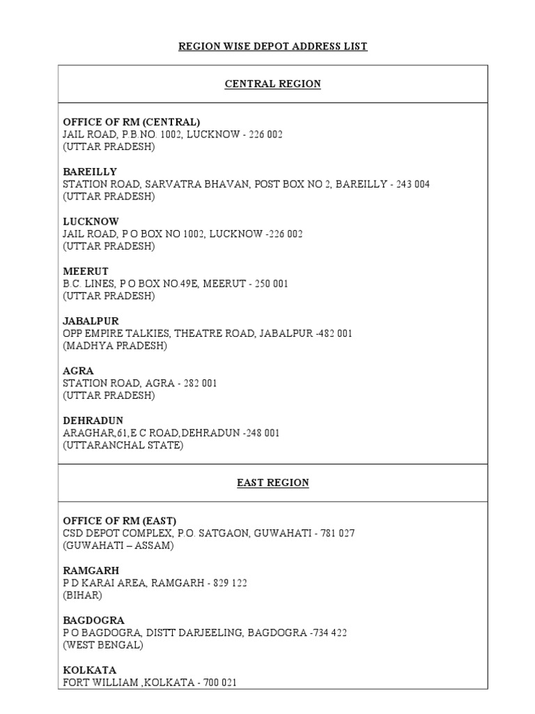 Central Region depot address list for CSD offices | PDF
