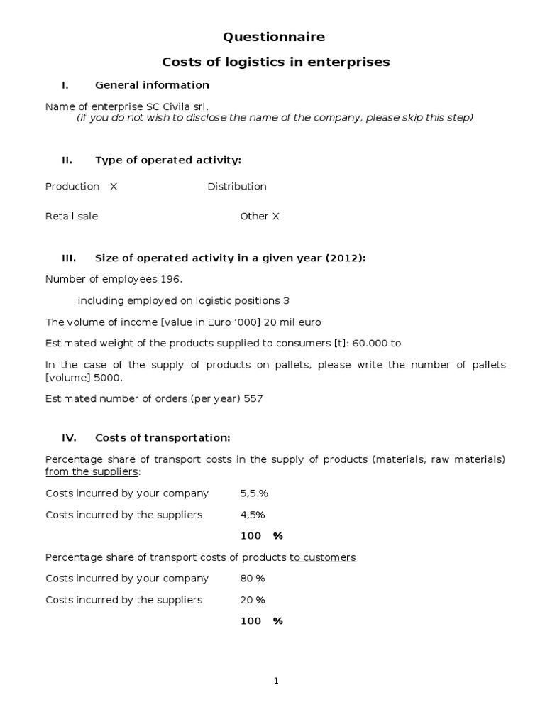 Questionnaire Costs of Logistics in Enterprises | PDF | Supply Chain ...