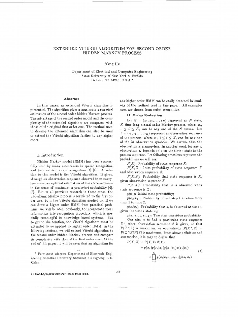 Extended Viterbi Algorithm For Second Order Hidden Markov Processes | PDF | Statistical Theory ...