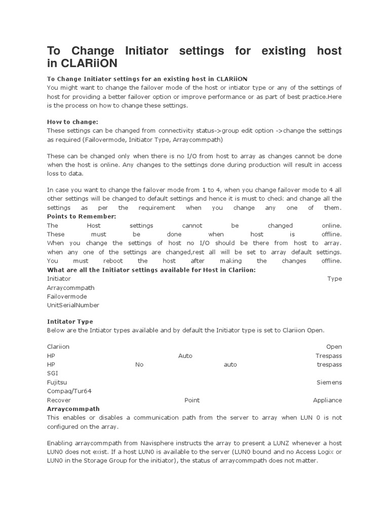 Change Initiator Settings for Host in CLARiiON | PDF | Online And ...