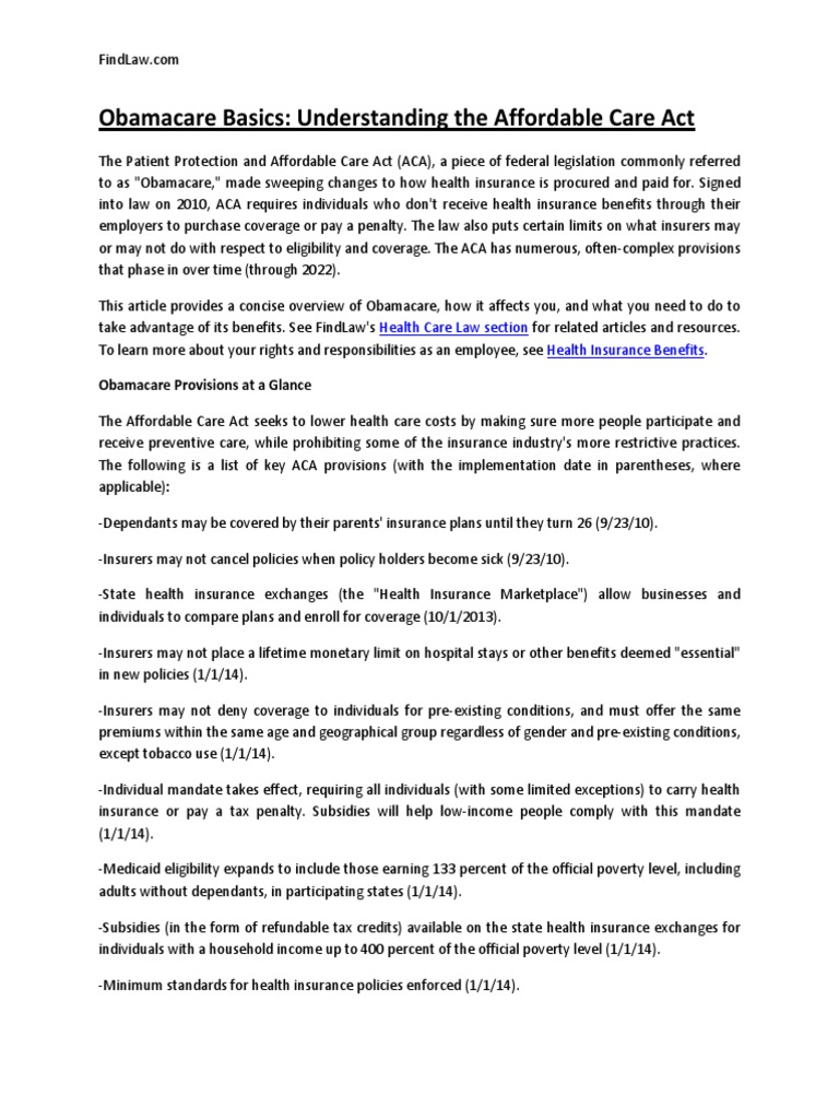 Obamacare Overview and Key Provisions | PDF | Patient Protection And ...