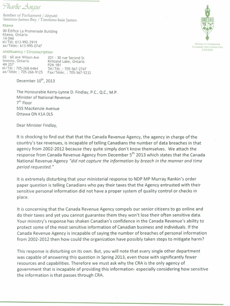 NDP Letter To Minister of National Revenue, Re: CRA Privacy Breaches | PDF | Personally ...