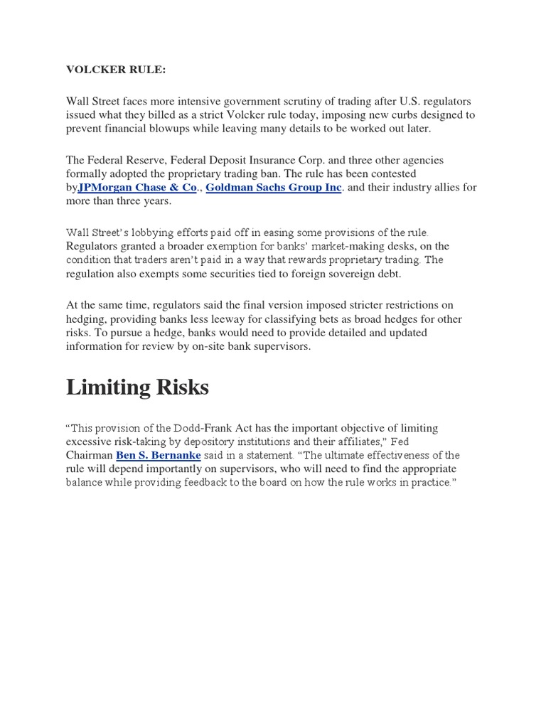 Limiting Risks: Volcker Rule | PDF | Volcker Rule | Dodd–Frank Wall Street Reform And Consumer ...
