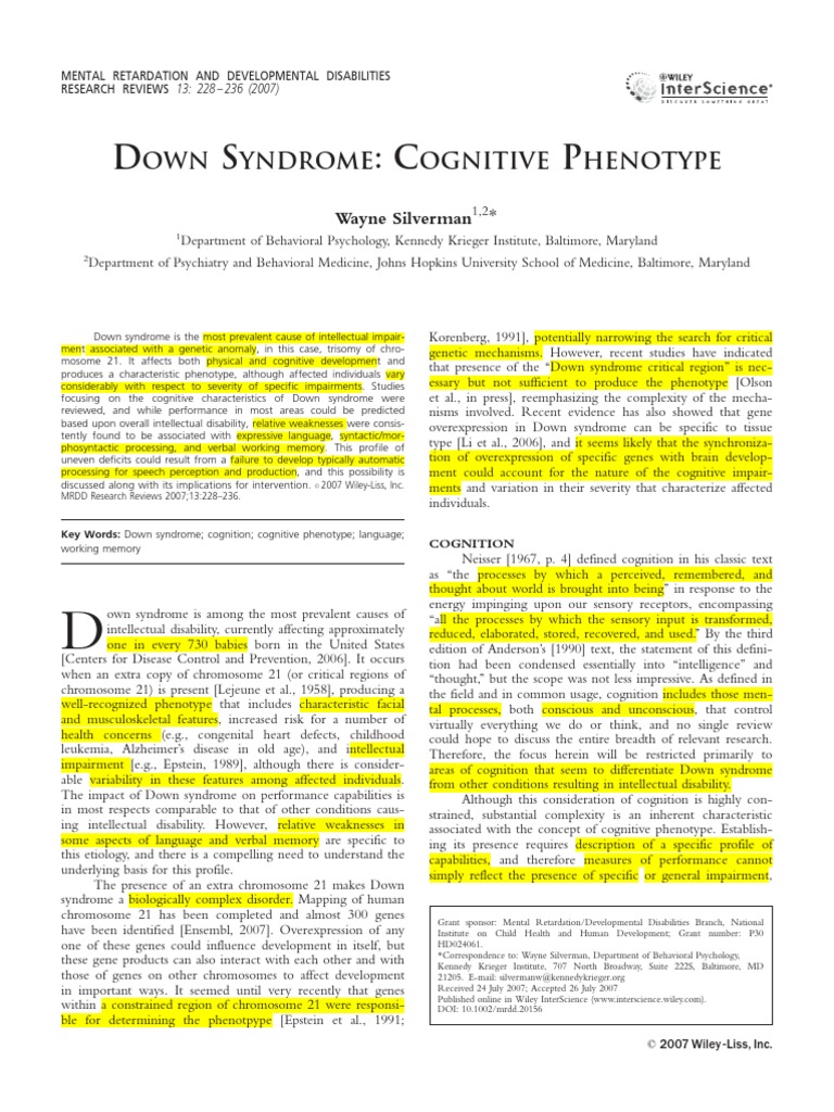 Down Syndrome Cognitive Phenotype | Down Syndrome | Memory
