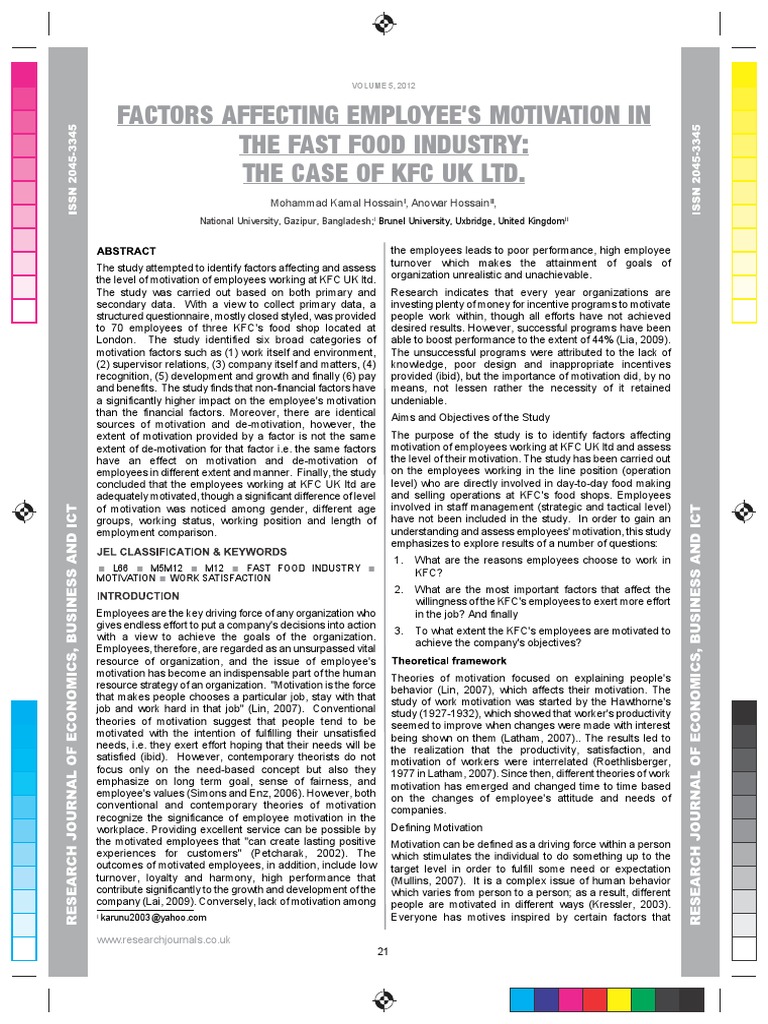 Factors Affecting Employee'S Motivation in The Fast Food Industry: The ...