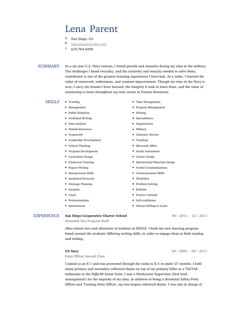 Lena Parent Resume | PDF | Marksman | United States Navy
