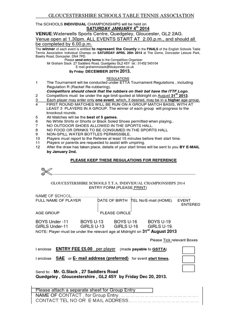 Table Tennis Entry Form | PDF | Table Tennis | Tournament
