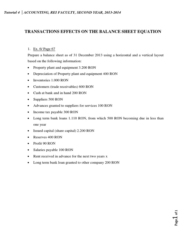 Transactions Effects On The Balance Sheet Equation: Tutorial 4 ...