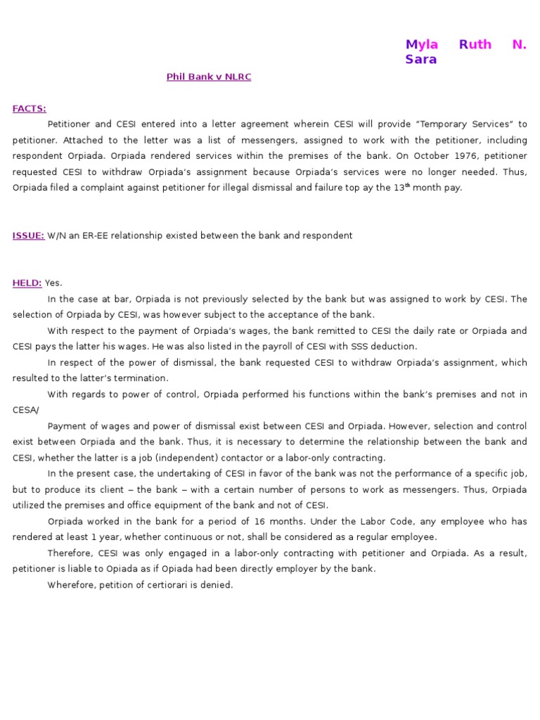 Philippine Bank vs. NLRC Case Digest | PDF | Labour Economics | Employment
