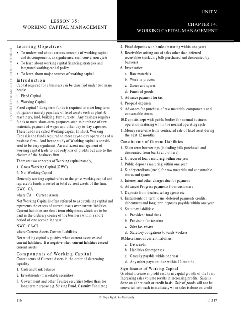 Lesson 35: Working Capital Management: Learning Objectives | PDF ...