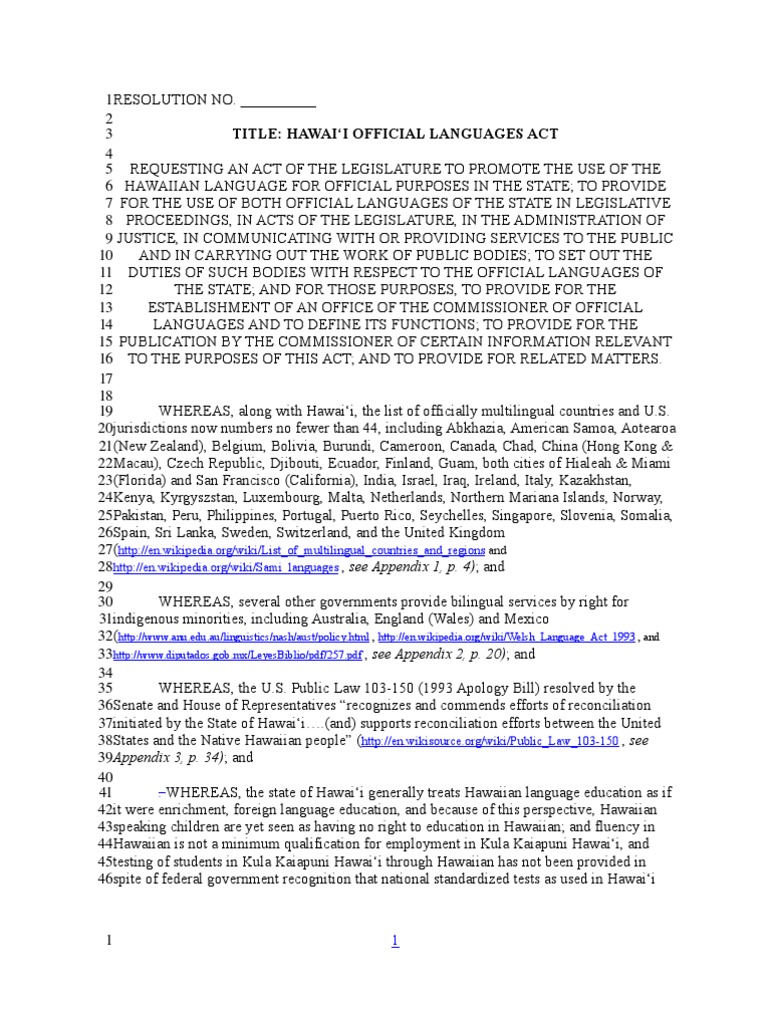 Hawaii Official Languages Act Summary | PDF | Hawaii | Multilingualism