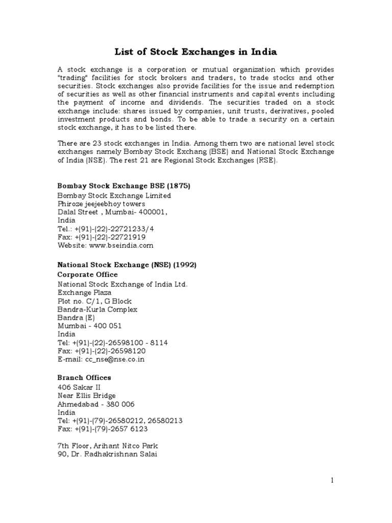 List of Stock Exchanges in India | PDF | Equity Securities | Financial ...