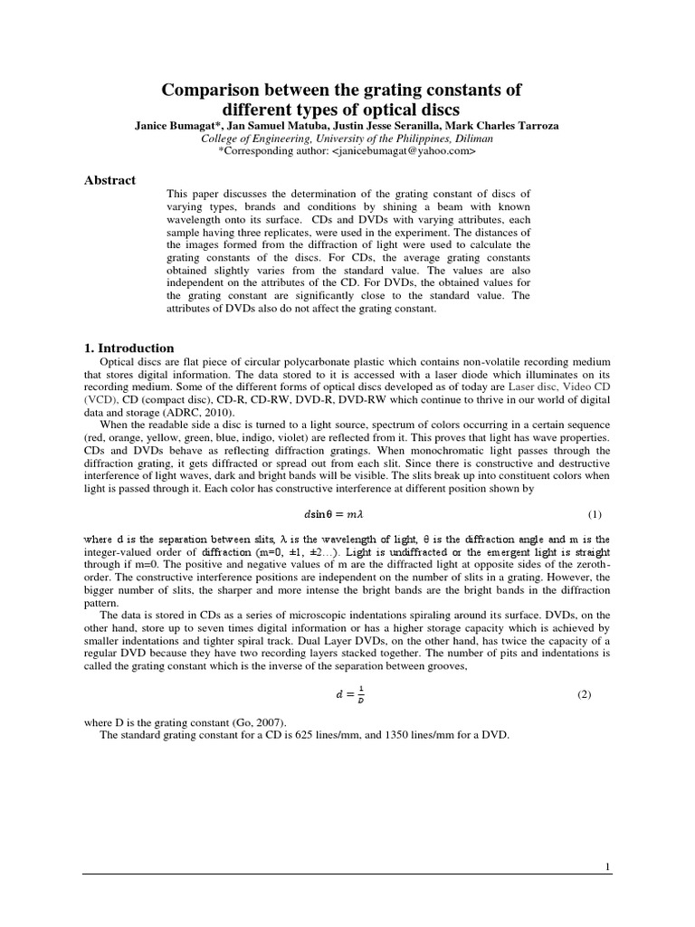 Grating Constant of CD and DVD | PDF | Compact Disc | Dvd