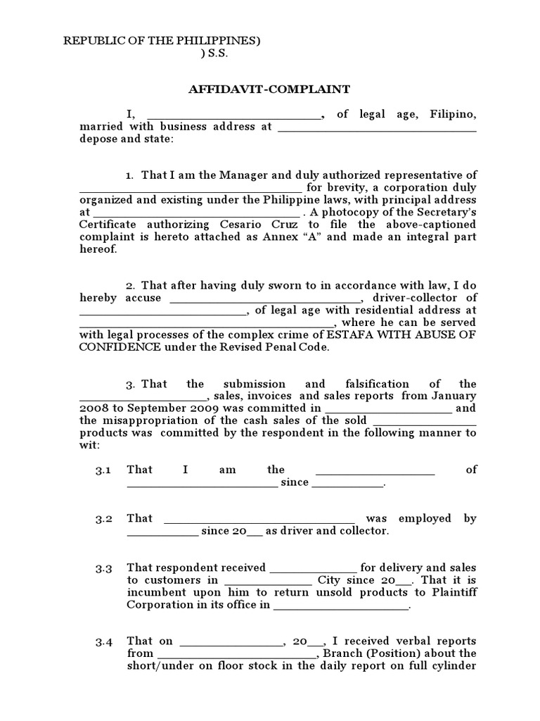 Sample Complaint Affidavit (Estafa 1) | Justice | Crime & Justice