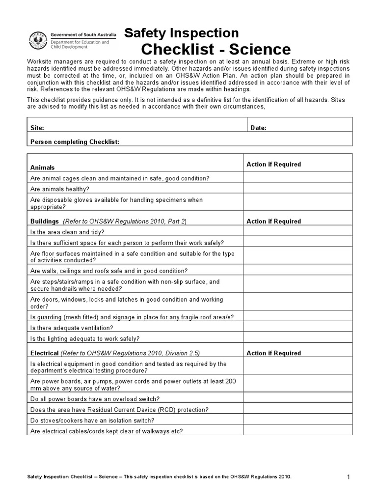 Checklist - Science: Safety Inspection | PDF | Door | Dangerous Goods