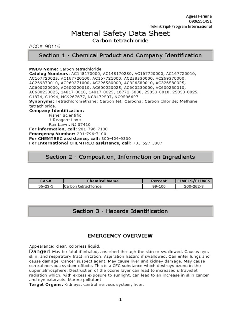 Carbon Tetrachloride MSDS Overview | PDF | Dangerous Goods | Magnesium