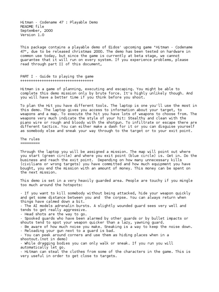 Hitman Codename 47:playable Demo Readme | PDF | Computer Hardware | Ibm ...