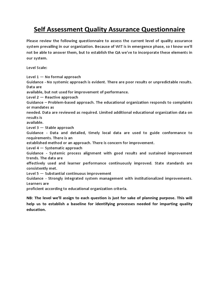 Self Assessment Quality Assurance Questionnaire | PDF | Educational ...
