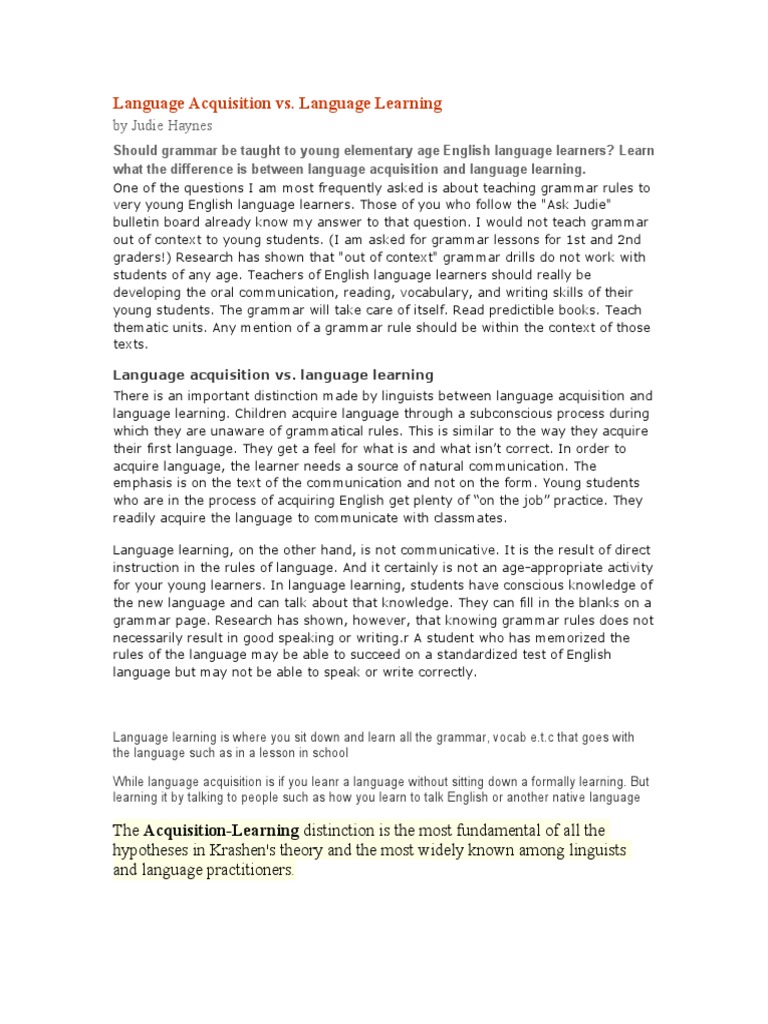 Language Acquisition vs Learning | PDF | Language Acquisition | Second ...
