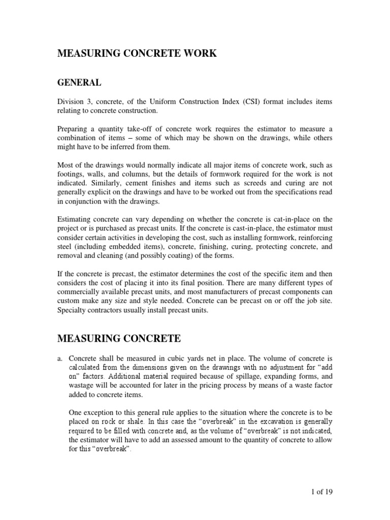 Measuring Concrete Work 1 | PDF | Concrete | Precast Concrete