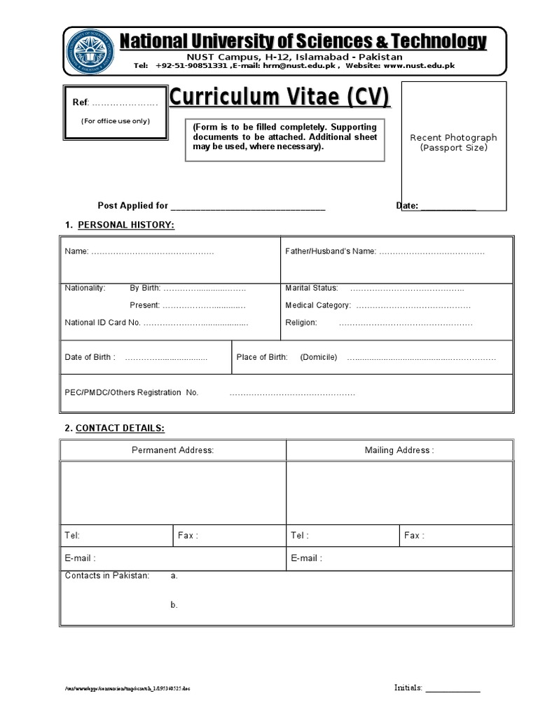 Nust CV Format | PDF | Academic Degree | Qualifications