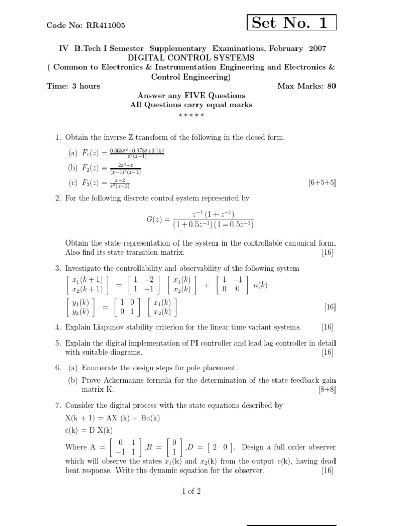 Rr411005 Digital Control Systems | PDF | Control Theory | Kalman Filter