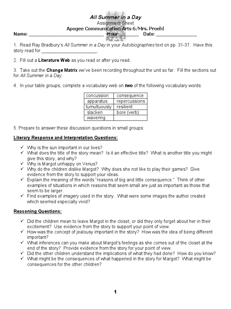 All Summer in A Day Assignment PDF | PDF | Venus | Planets