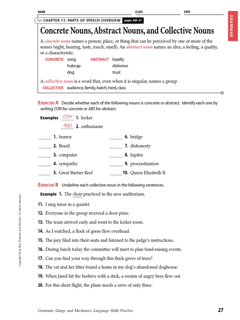 3b - Concrete Nouns, Abstract Nouns, and Collective Nouns - Ans. K ...