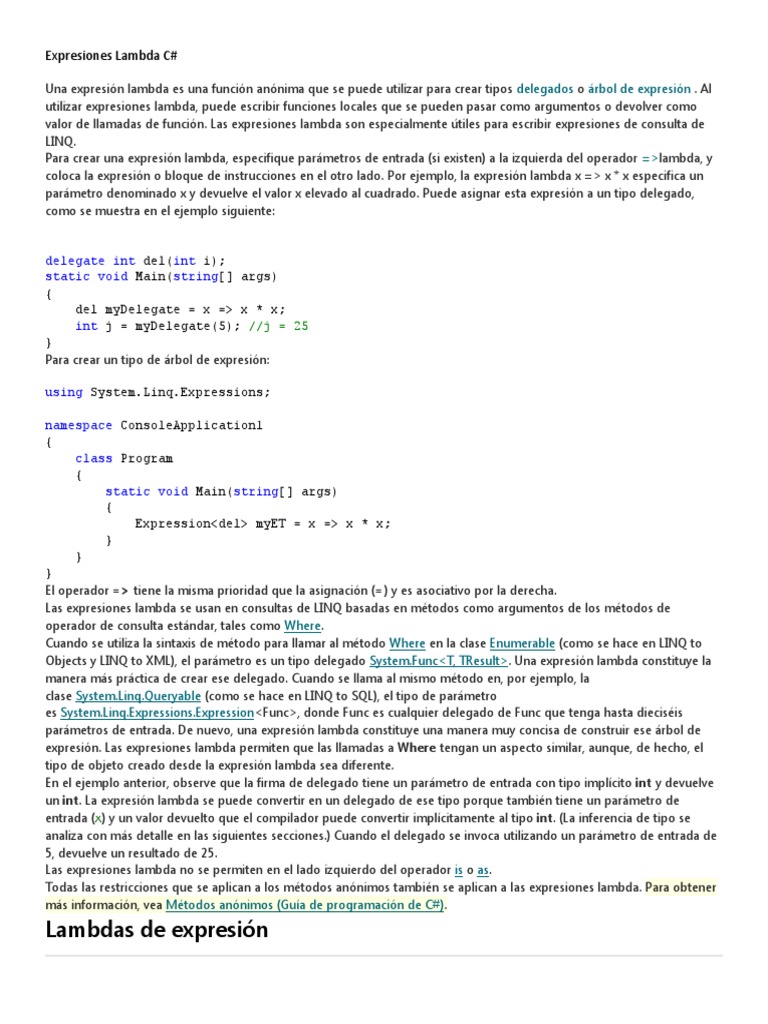Expresiones Lambda C# | PDF | Función anónima | Consulta integrada de ...
