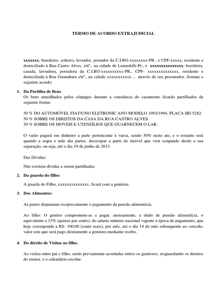 Termo de Acordo Extrajudicial - Divorcio | PDF
