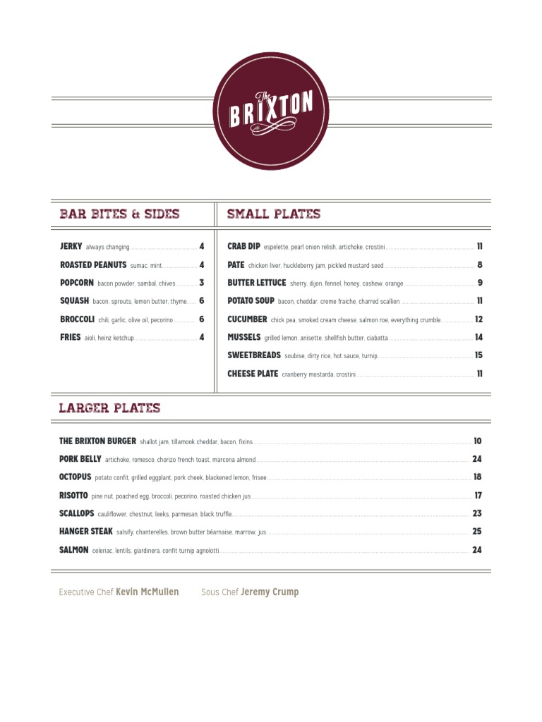 Brixton Menu: Bar Bites, Plates & Drinks | PDF