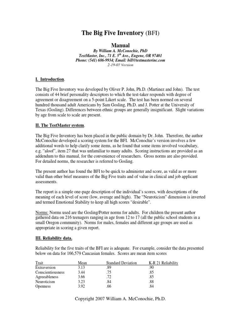 BFI Manual PDF | PDF | Extraversion And Introversion | Attention Deficit Hyperactivity Disorder
