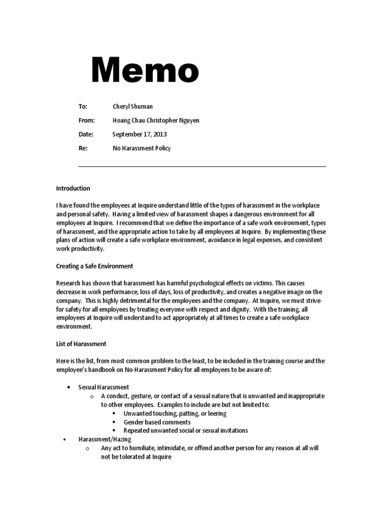 Memo Noharassmentfinal | PDF | Harassment | Sexual Harassment