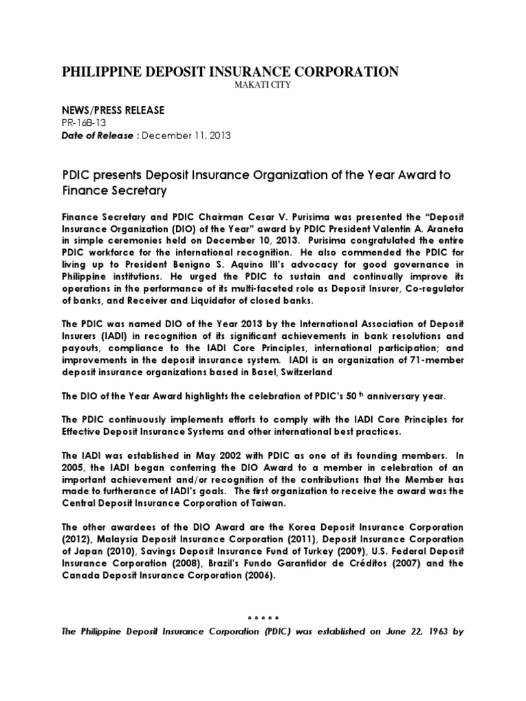 Philippine Deposit Insurance Corporation | PDF | Deposit Insurance ...