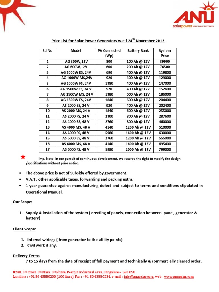 Price List for Solar Power Generators | Sky | Solar Power